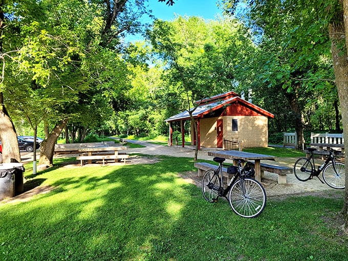 Perfect picnic headquarters where sandwiches taste better and conversations flow easier, all thanks to that unbeatable outdoor dining ambiance.