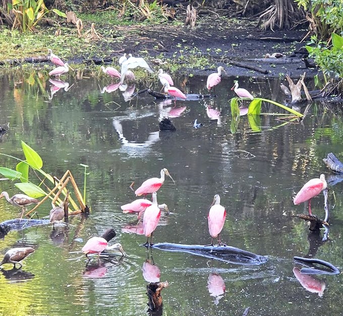 Roseate spoonbills gather like pink party guests, their reflections doubling the spectacle as they wade through the tranquil waters.