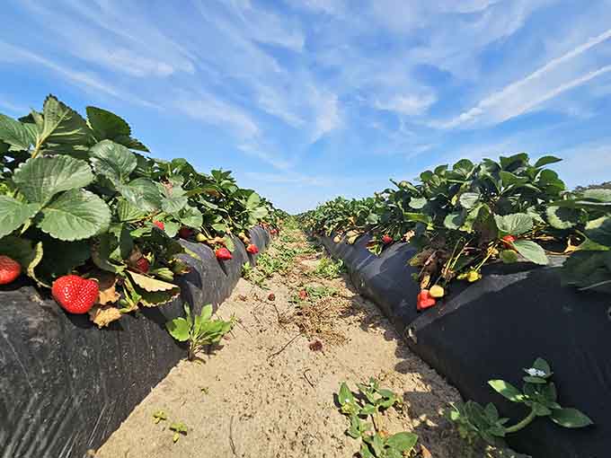Strawberries peek out from their leafy hideouts, red and ripe and ready for their close-up in your next shortcake masterpiece.