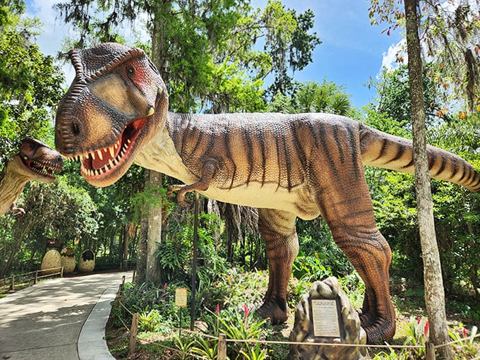 This fearsome T-Rex stands frozen in mid-roar, its detailed skin texture and menacing teeth making children both terrified and delighted.