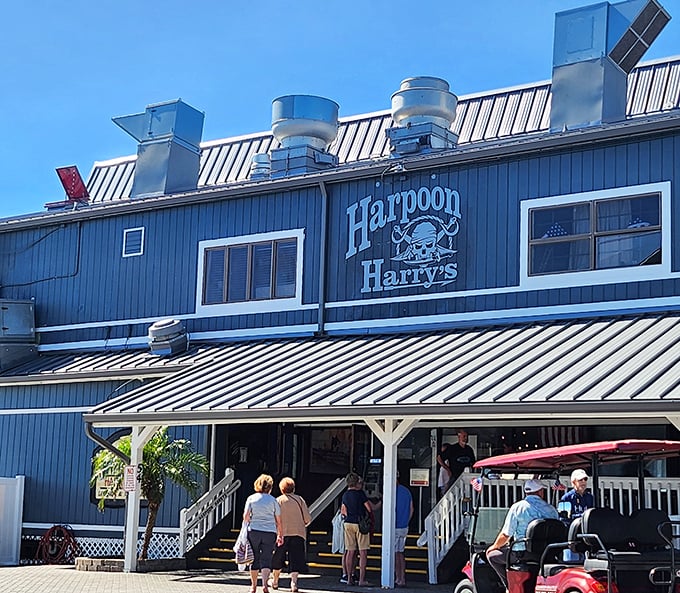 Harpoon Harry's welcomes hungry shoppers with its weathered blue facade and promise of fresh-caught delights that'll make your taste buds do the manatee mambo.