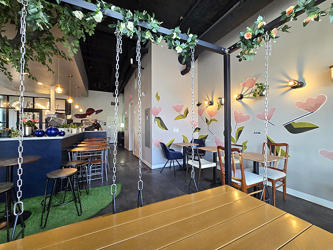 Step inside and discover a garden of hanging swings and painted blooms &ndash; where your inner child can play while your adult self enjoys sophisticated brews.