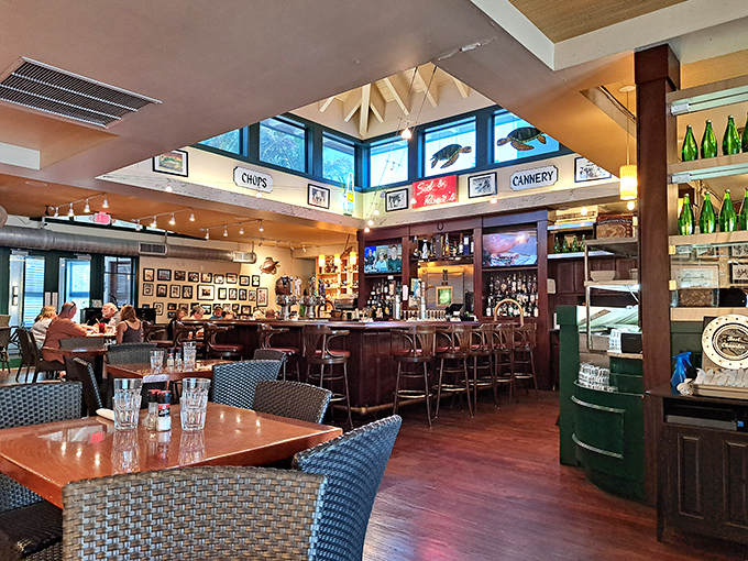 Inside, warm wood tones and nautical touches create the perfect backdrop for memorable meals, where island time rules and rushing is forbidden.