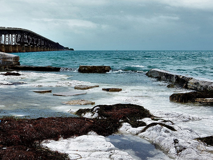 Rocky shores meet turquoise waters where the old Seven Mile Bridge stands sentinel, connecting the Keys like a concrete necklace across the blue.