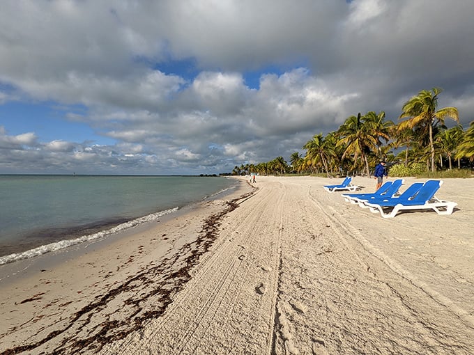 Footprints in pristine sand tell stories of beachcombers who discovered this stretch of shoreline when crowds thin during shoulder season.