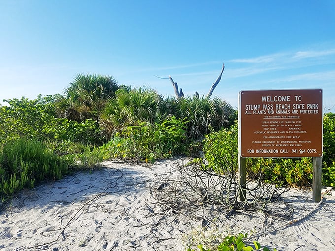 Welcome to paradise: The unassuming entrance sign that marks the threshold to one of Florida's most magical coastal escapes.