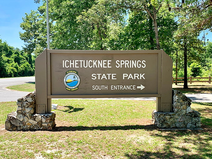 The welcoming committee: Ichetucknee's entrance sign promises adventure while the surrounding greenery whispers, "You're going to need more memory on that phone."