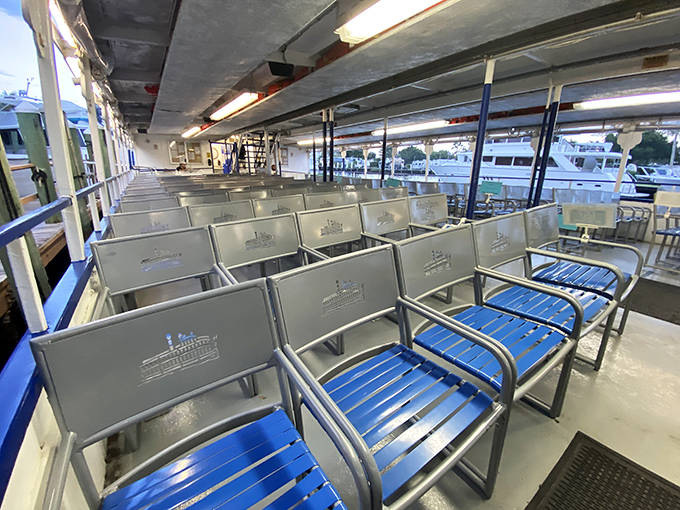 Simple metal chairs line the deck, offering front-row seats to Fort Lauderdale's waterway parade of mansions and yachts &ndash; comfort with a view!