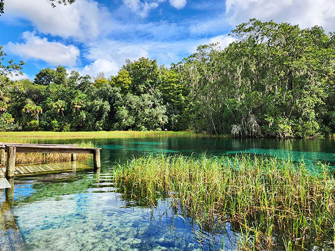 A wooden dock extends into Rainbow Springs' transparent waters, where underwater grasses wave gently in the current like a submerged garden.