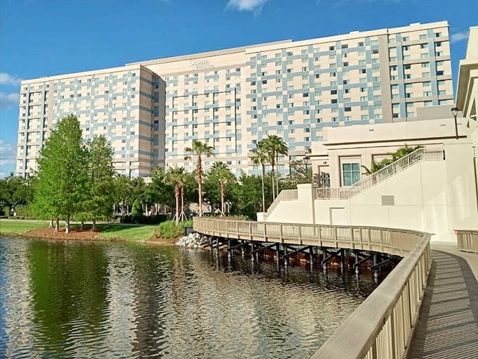 Waterfront serenity just steps from your room. This peaceful boardwalk offers the perfect morning stroll spot before diving into Orlando's adventures.