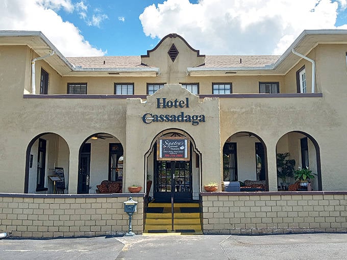 The historic Hotel Cassadaga welcomes visitors with its cream-colored fa&ccedil;ade and distinctive arches, though some guests check out with more supernatural experiences than they bargained for.