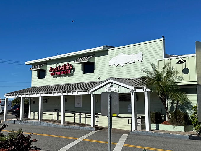The iconic sign of Aunt Catfish's welcomes hungry visitors to this beloved riverside eatery where Sunday brunches have become a local tradition.