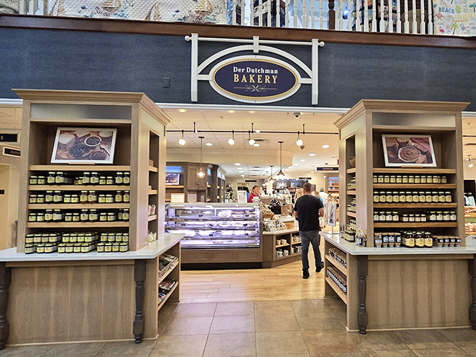 The bakery section at Der Dutchman dazzles with glass cases full of tempting treats. Jars of homemade preserves line the shelves, ready to accompany fresh-baked bread.