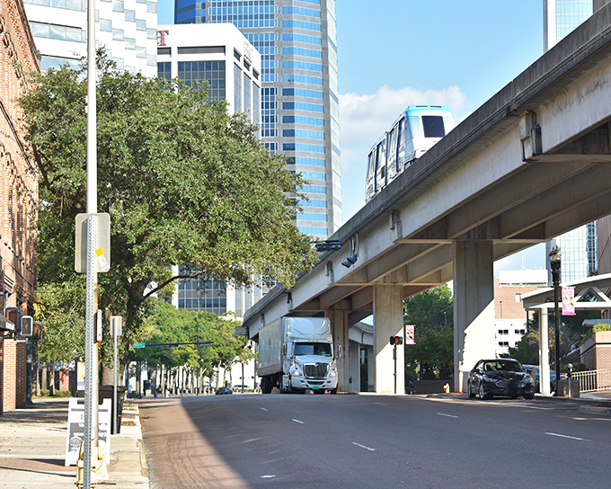 Modern Jacksonville's skyline and transit system show how the historic city has evolved while maintaining connections to its past.