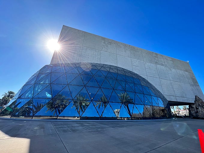 Sunlight streams through the Dali Museum's geometric glass bubble, creating ever-changing patterns that would have delighted the master of surrealism himself.