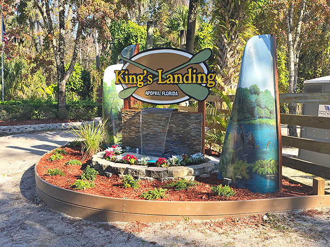 Welcome to adventure! The King's Landing entrance sign promises wilderness thrills just minutes from Orlando's concrete jungle.