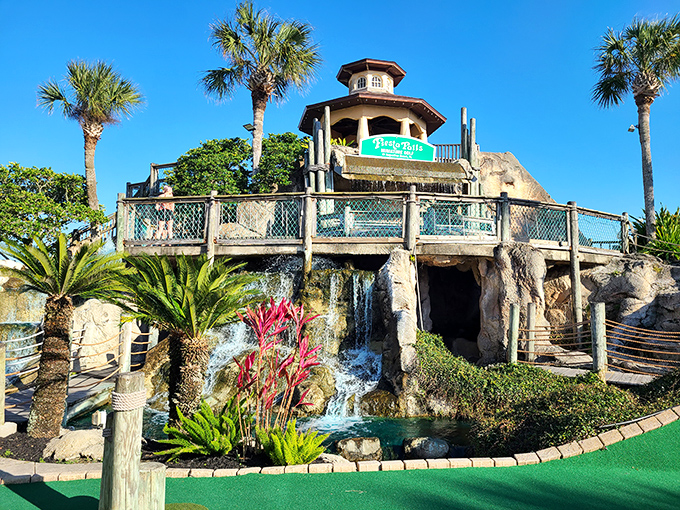 Mother Nature called &ndash; she's jealous of this waterfall that cascades dramatically over rocky formations, making your missed putt seem suddenly insignificant.