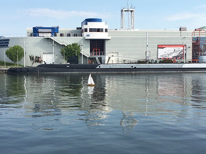 The museum's striking exterior reflects both modern design and maritime heritage, welcoming visitors to explore Wisconsin's nautical past.