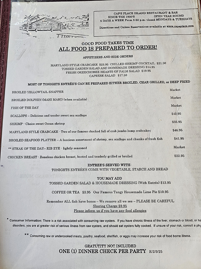 The menu at Cap's Place reads like a love letter to seafood lovers &ndash; straightforward, unpretentious, and promising the kind of meal that creates lasting memories.