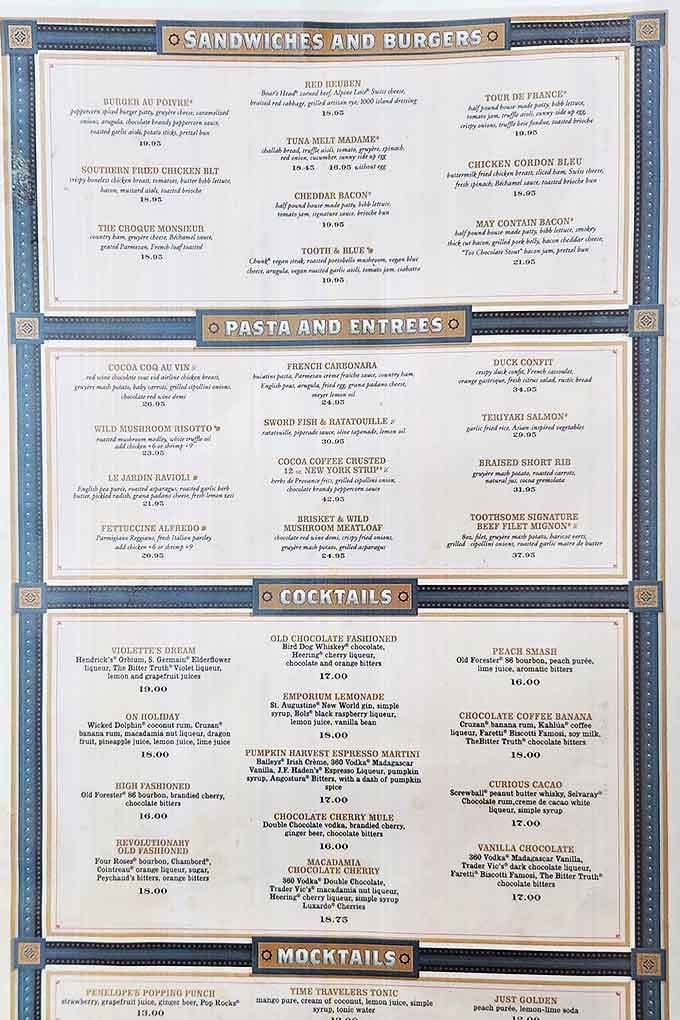 The menu reads like a culinary adventure novel with chapters dedicated to everything from gourmet burgers to pasta infused with chocolate notes.