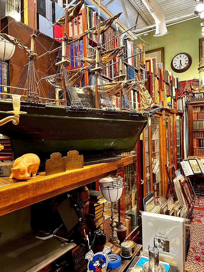 Not just books &ndash; this model ship sails through literary seas, surrounded by historical artifacts that bring the past vividly to life.