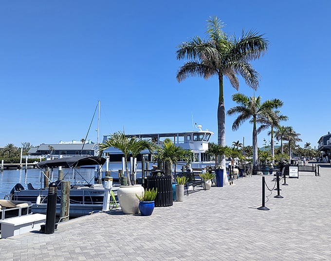Palm trees stand sentinel along the pristine boardwalk, creating nature's perfect frame for Charlotte Harbor's glistening waters.