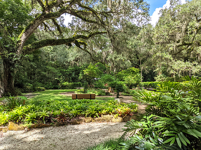 Sunlight dapples through the lush tropical foliage, creating a serene oasis where history and nature intertwine in this hidden Florida gem.