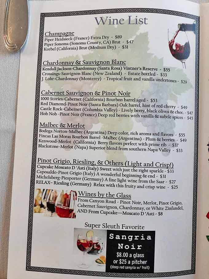 The wine list reads like a detective's notebook &ndash; full of intriguing options and the mysterious "Super Sleuth Favorite" Sangria Noir.