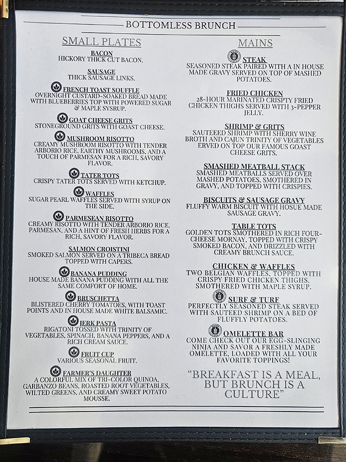 The bottomless brunch menu reads like a love letter to Southern comfort, with each dish promising a flavor adventure worth the descent.