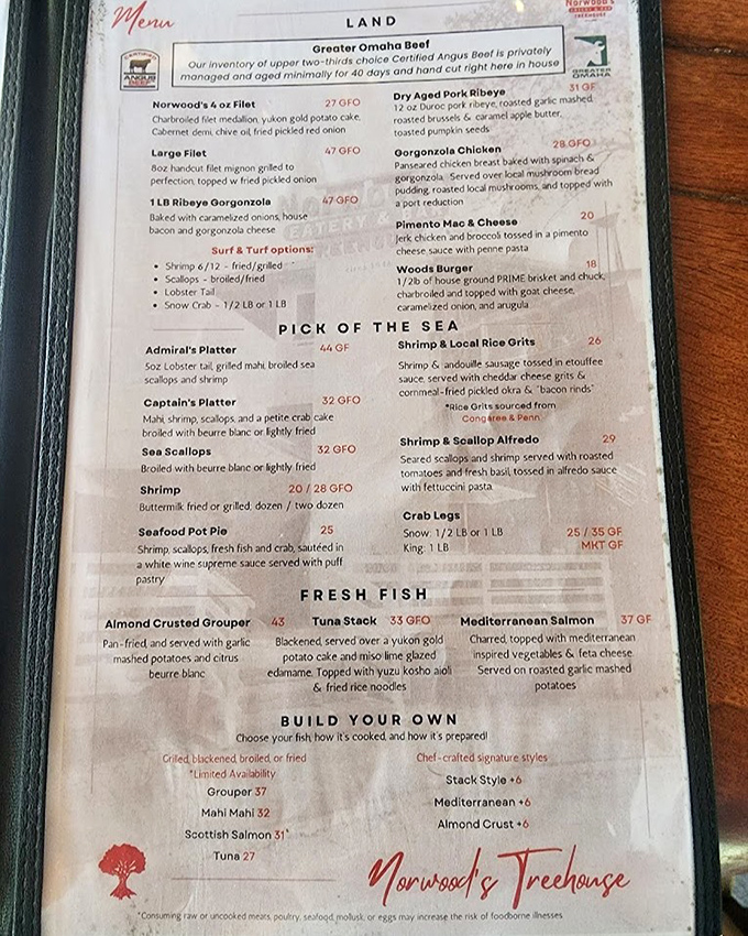 Decisions, decisions! The menu showcases premium seafood and steaks, with options from Norwood's signature filet to fresh-caught Florida favorites.