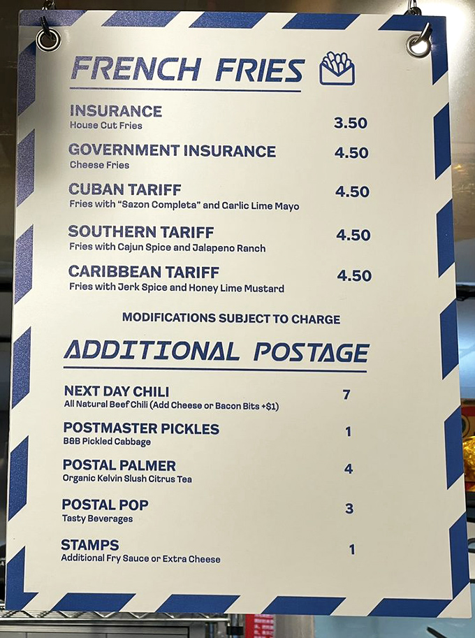 The French Fries menu reads like delicious postal regulations &ndash; from basic "Insurance" to the exotic "Caribbean Tariff" with jerk spice and honey lime mustard.