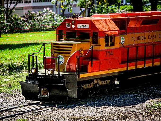 The Florida East Coast locomotive #714 gleams in the sunshine, a perfect 1/8 scale replica down to the tiniest authentic details.