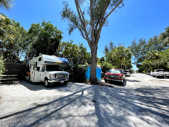 A white RV parked in a shady spot surrounded by lush Florida vegetation &ndash; Turtle Beach's natural air conditioning comes standard.