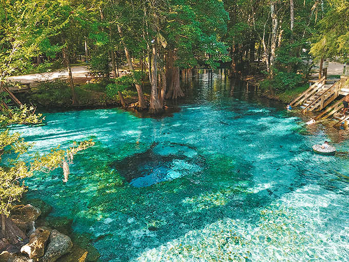 Sunlight filters through the trees, creating a magical glow on the spring's surface that looks almost otherworldly.
