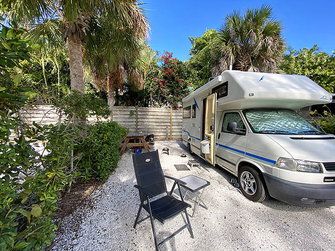 A cozy campsite with tropical plants creating natural privacy walls &ndash; Turtle Beach's version of a garden suite with ocean sounds.