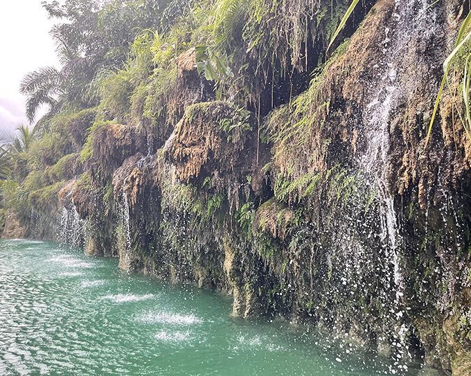 The stunning turquoise waters of Blue Lagoon Farm's natural-looking waterfalls create a tropical paradise hidden in Homestead.