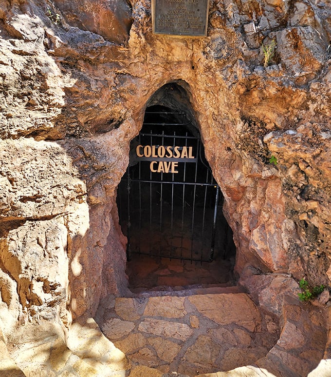 "Colossal Cave" announces the entrance to an underground wonderland. This gated doorway leads to a labyrinth of stunning formations hidden beneath the Arizona desert.