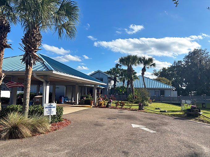 Corky Bell's blue-roofed restaurant offers peaceful St. Johns River views and a taste of Old Florida dining in East Palatka.