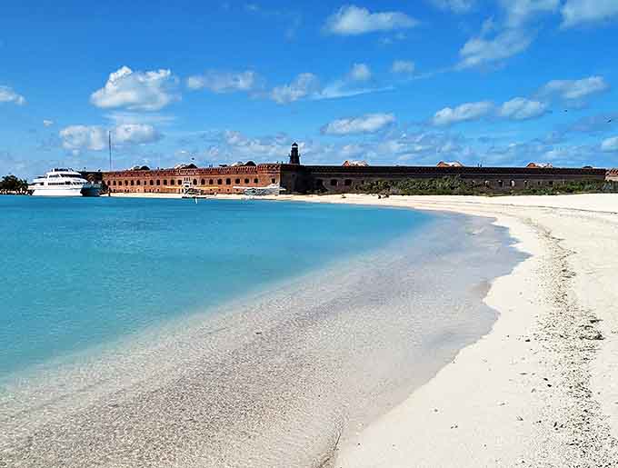 Fort Jefferson rises from the sea like a brick fortress guarding paradise itself.