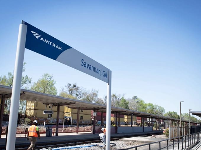 The Savannah station sign means you've arrived where moss-draped oaks and Southern charm await your exploration.