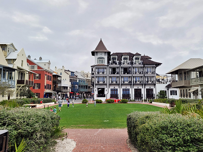 The charming town center of Rosemary Beach invites visitors to stroll its pedestrian-friendly streets, where coastal elegance meets small-town charm.