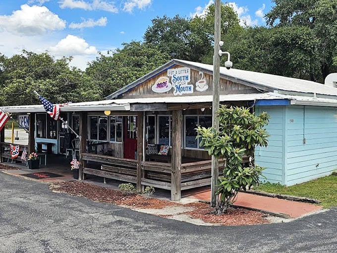 This charming roadside eatery sports a classic "South in Your Mouth" sign, promising home-cooked goodness that grandma would approve of.