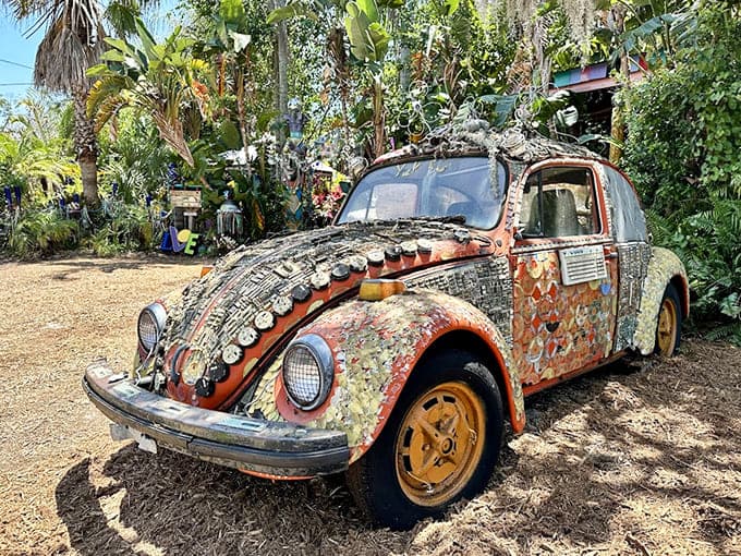 That VW Bug got the mosaic treatment, proving even old cars can become rolling art galleries.