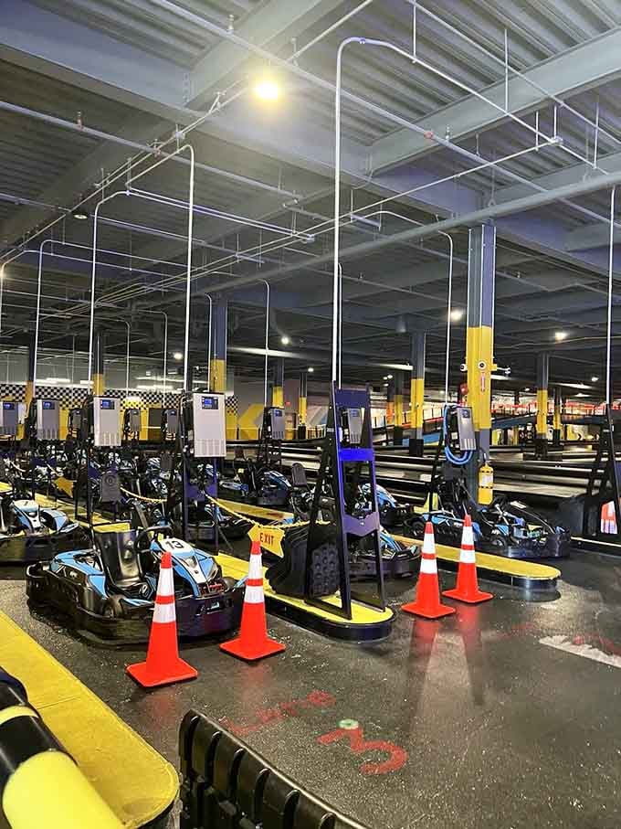 Row after row of electric karts stand ready like silent speed demons, just waiting for someone brave enough to test them.