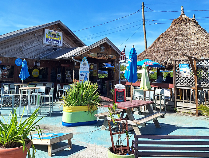 Jack Willie's rustic tiki charm invites you to kick back with a cold one and watch the worries float away.