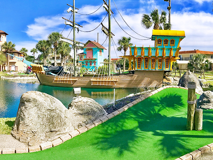 Ahoy, mini-golfers! This technicolor Spanish galleon doesn't just float &ndash; it dominates the landscape like the world's most flamboyant pirate decided to retire into the mini-golf business.