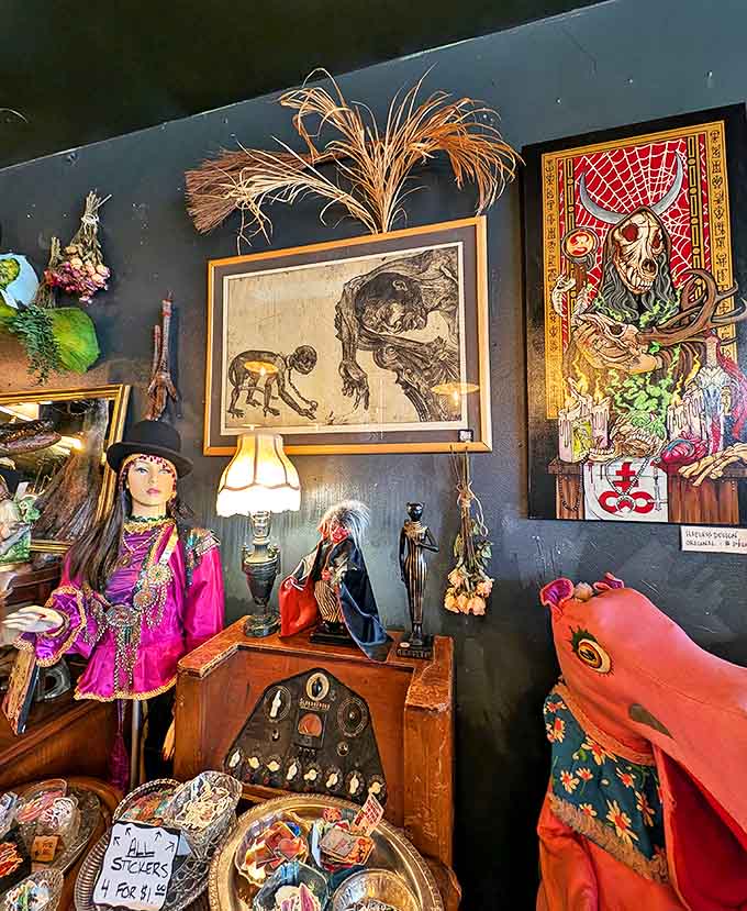 A kaleidoscope of vintage oddities creates a sensory feast where Victorian aesthetics meet mystical artifacts, all beneath the glow of antique lamps.