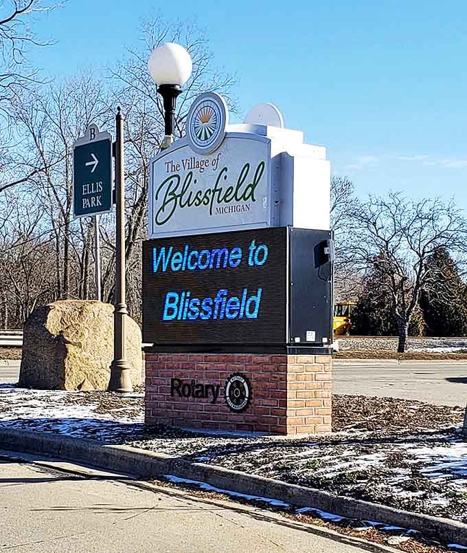Welcome signs usually overpromise, but Blissfield's greeting is refreshingly honest about the charm waiting just beyond it.