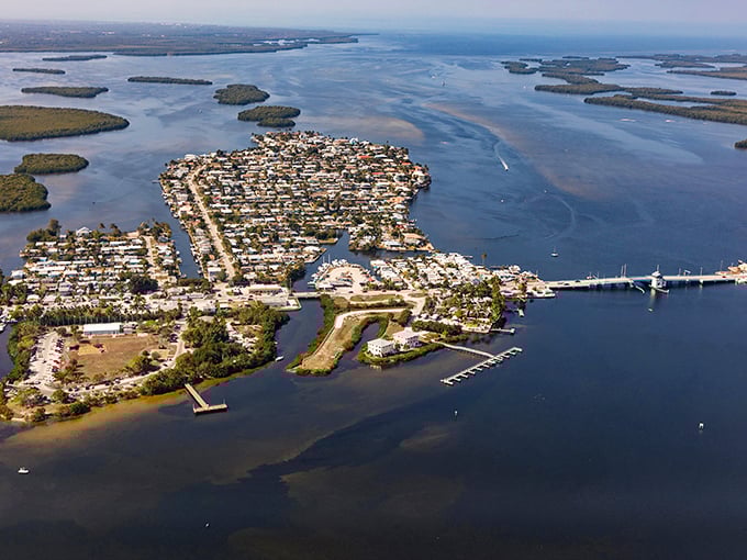 Bird's eye view of paradise &ndash; Matlacha island nestled between mangroves like a colorful jewel in nature's setting.