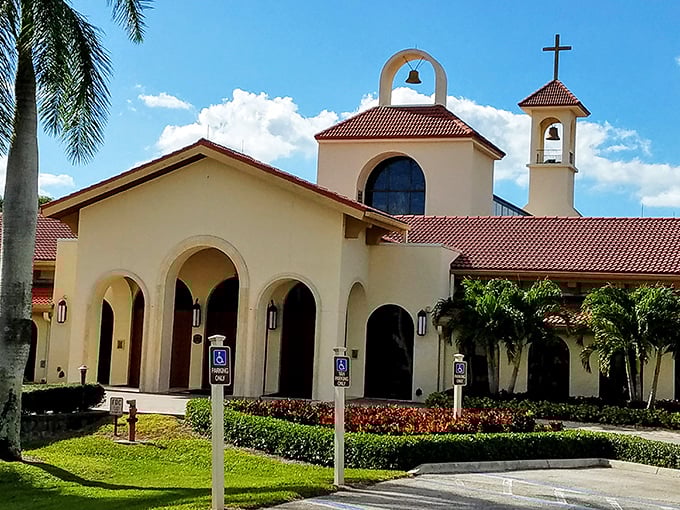 This Spanish-style church offers spiritual sanctuary under Florida skies, its bell tower reaching toward heaven like a prayer.